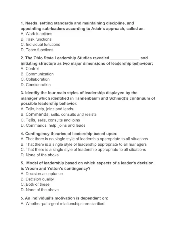 Leadership Styles and Theories Quiz