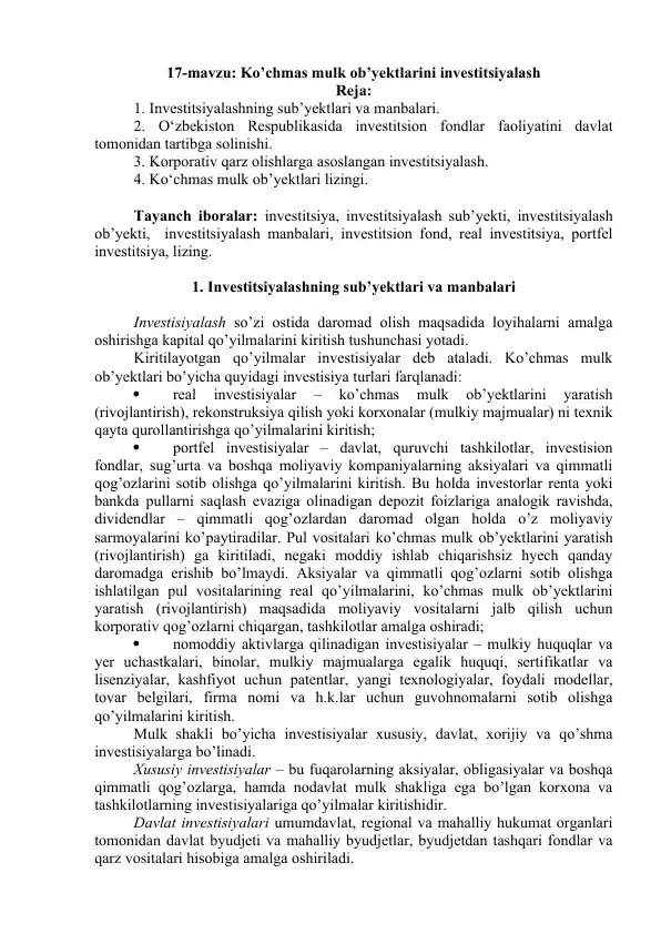 Ko’chmas mulk ob’yektlarini investitsiyalash