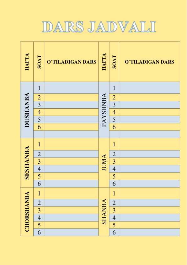 Sinf burchagi uchun dars jadvali blankasi