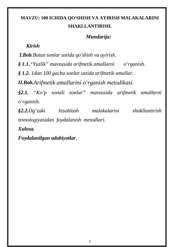 100 ICHIDA QO'SHISH VA AYIRISH MALAKALARINI SHAKLLANTIRISH.