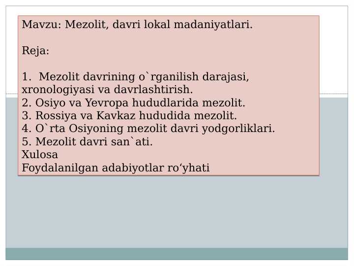 Mezolit, davri lokal madaniyatlari.