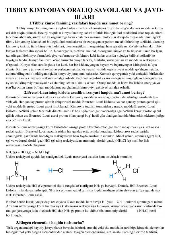 TIBBIY KIMYO TIBBIYOT OLIYGOHLARI UCHUN ORALIQ SAVOLLARIGA JAVOBLAR