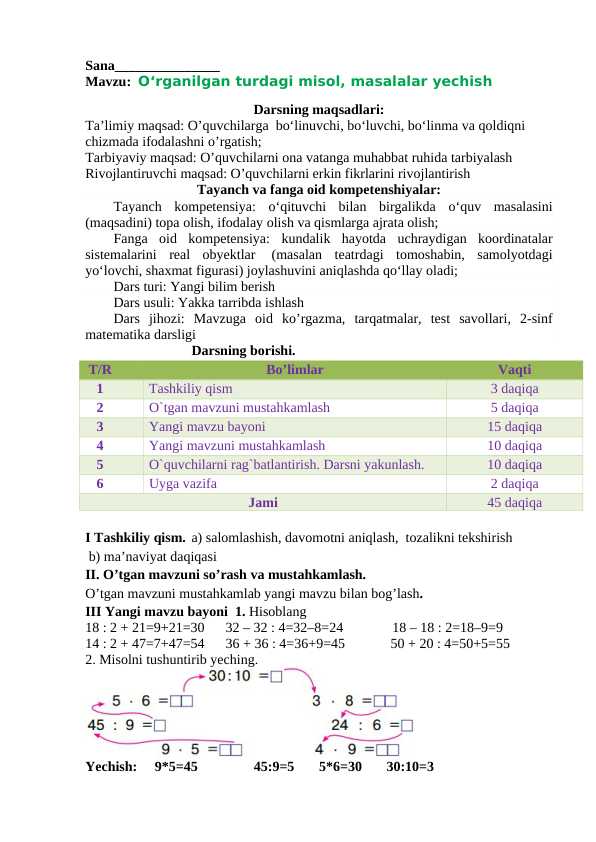 2-sinf matematika O‘rganilgan turdagi misol, masalalar yechish dars ...