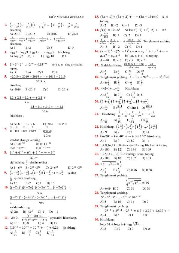 Nostandart masalalar matematika