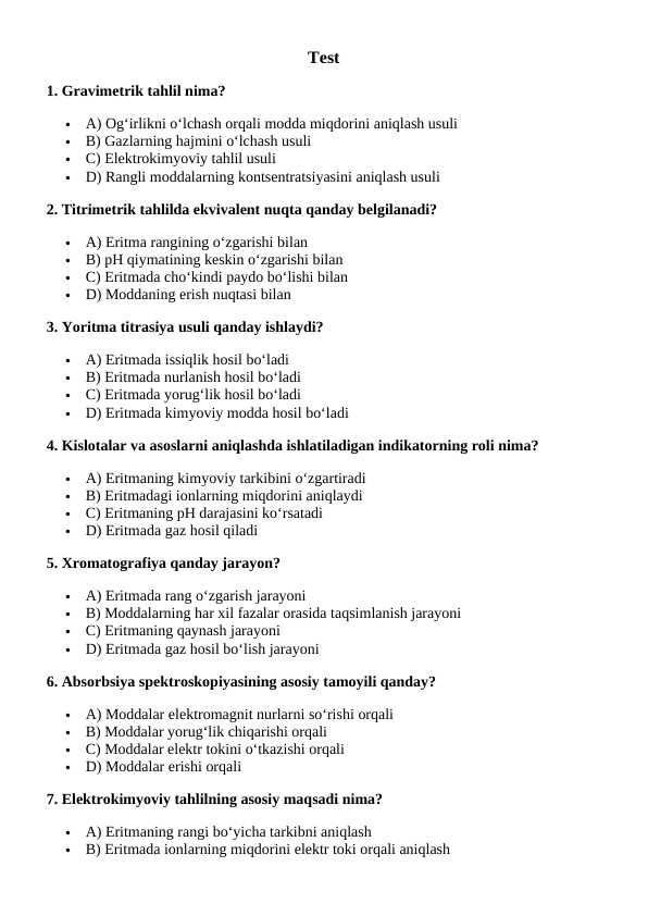 Analitik kimyodan 10 ta test