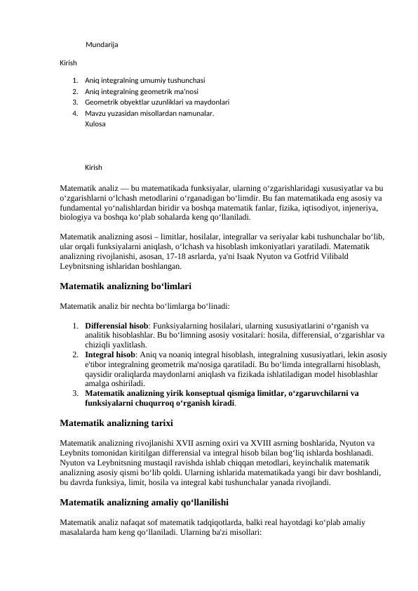 Aniq integralning tadbiqlari