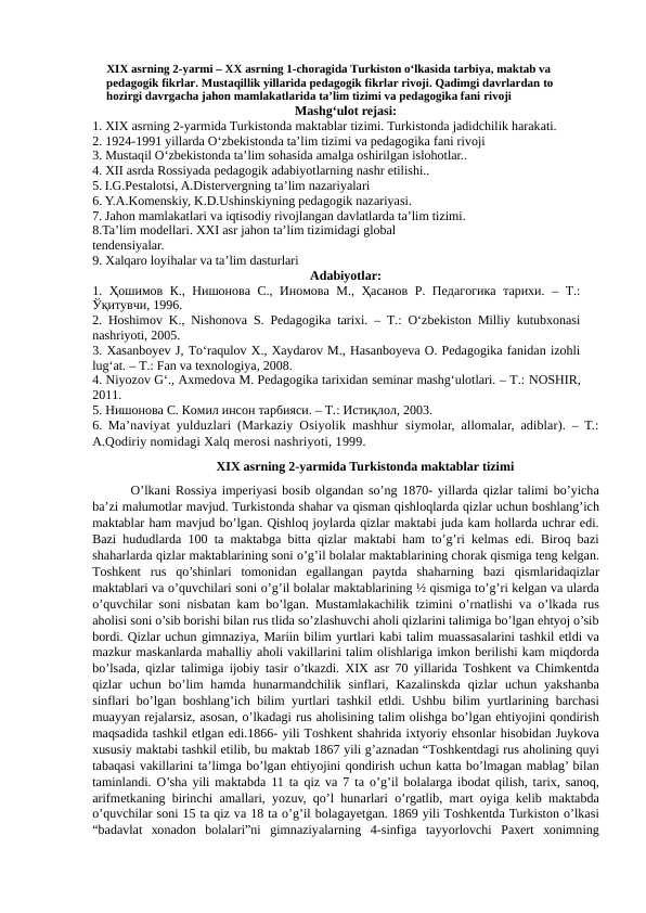 XIX asrning 2-yarmi – XX asrning 1-choragida Turkiston o‘lkasida ...