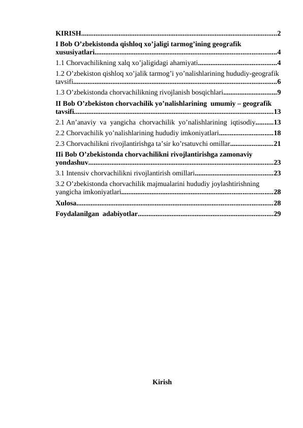 O’zbekistonda qishloq xo’jaligi tarmog’ining geografik xususiyatlari