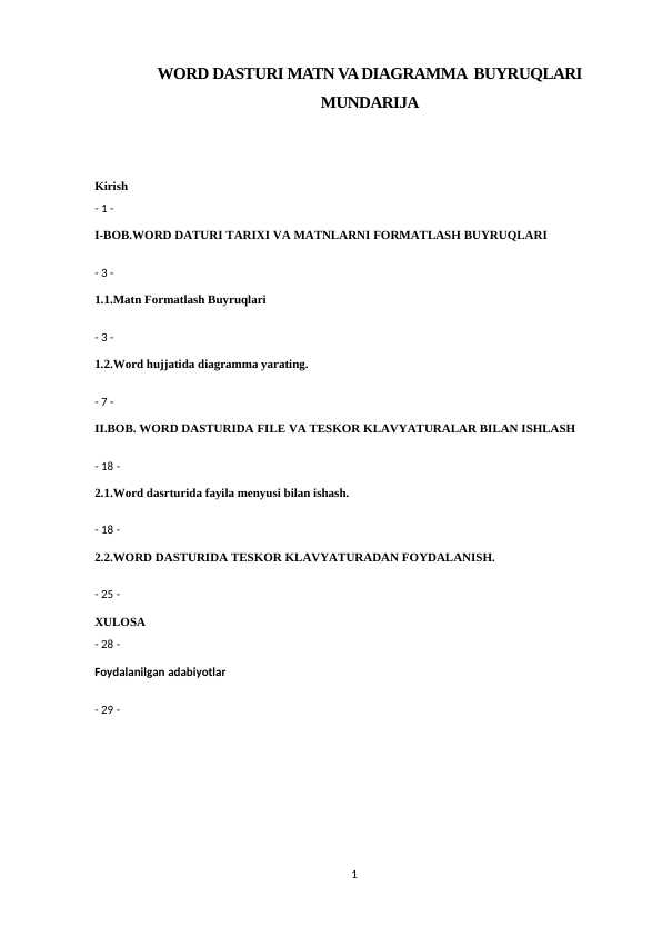 WORD DATURI MATN VA DIAGRAMMA BUYRUQLARI
