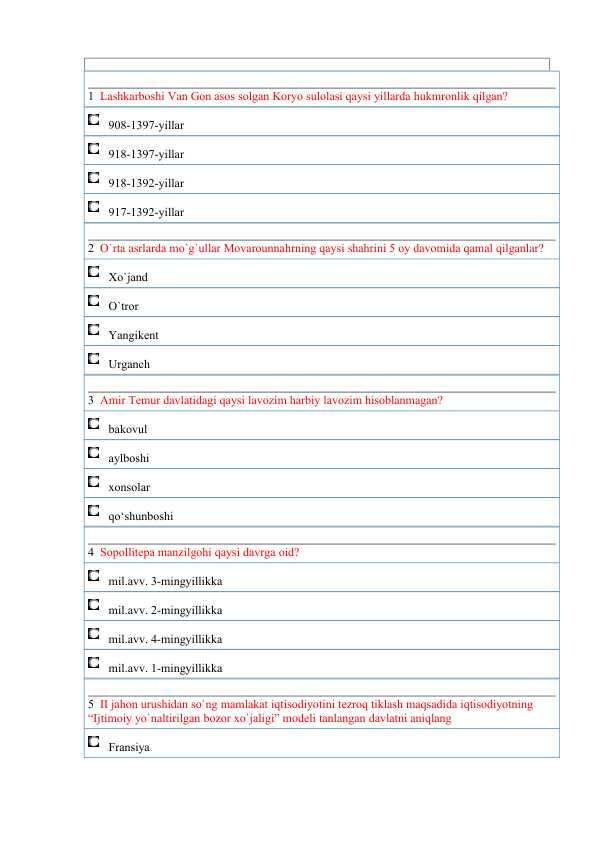 Tarix fanidan test (40 talik)