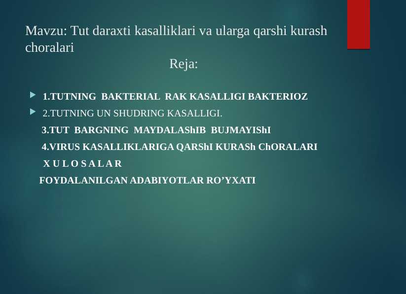 Tut daraxti kasalliklari va ularga qarshi kurash choralari