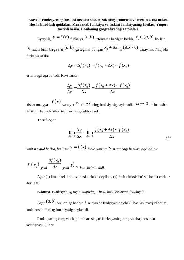 Funksiyaning hosilasi tushunchasi. Hosilaning geometrik va mexanik ma ...