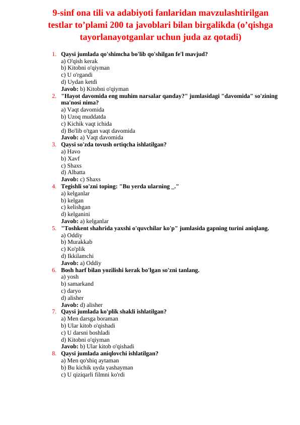 9-sinf ona tili va adabiyot fanidan aralash testlar to'plami 200 ta ...