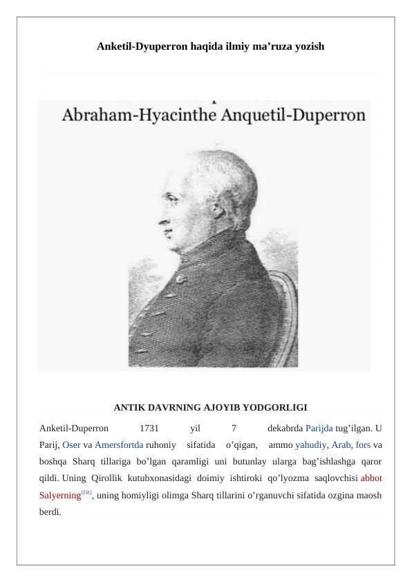 Anketil-Dyuperron haqida ilmiy ma’ruza yozish