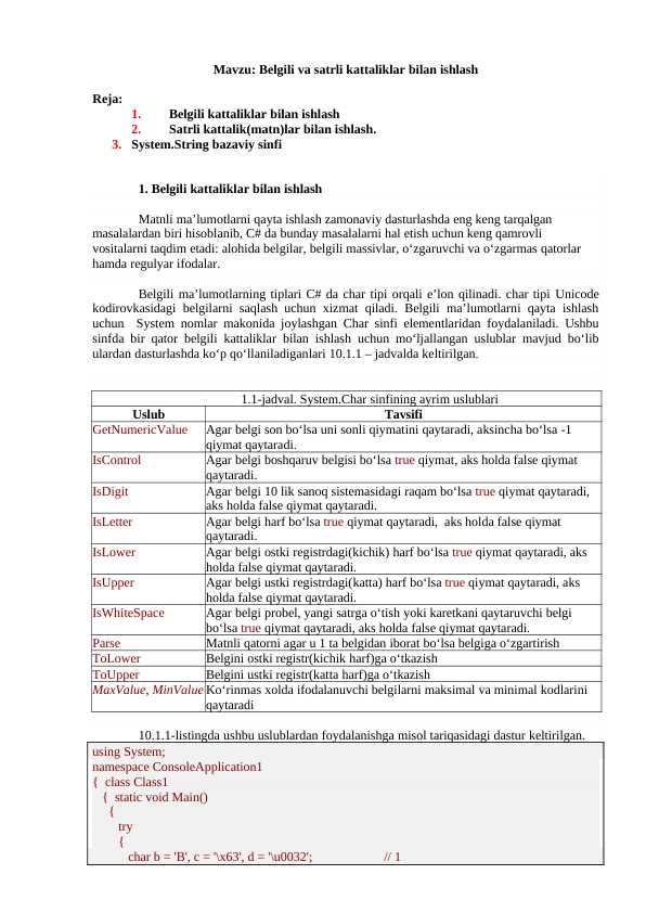 Belgili va satrli kattaliklar bilan ishlash