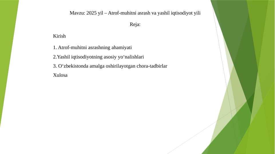 2025 yil – Atrof-muhitni asrash va yashil iqtisodiyot yili