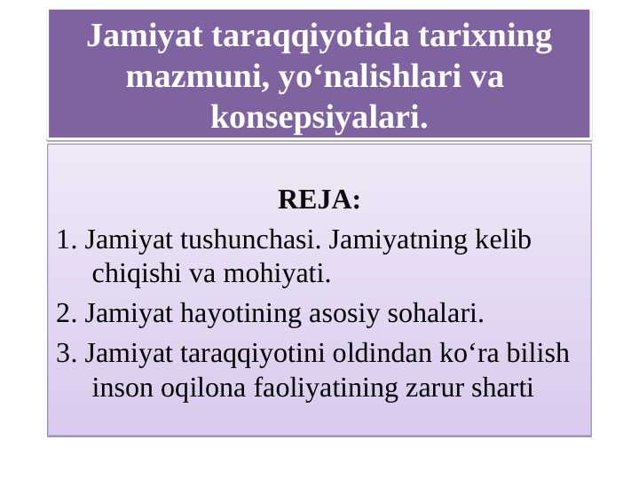 Jamiyat taraqqiyotida tarixning mazmuni, yo‘nalishlari va konsepsiyalari.