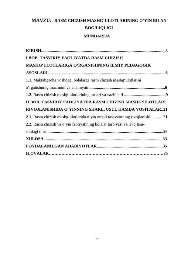 RASM CHIZISH MASHG‘ULOTLARINING O‘YIN BILAN BOG‘LIQLIGI