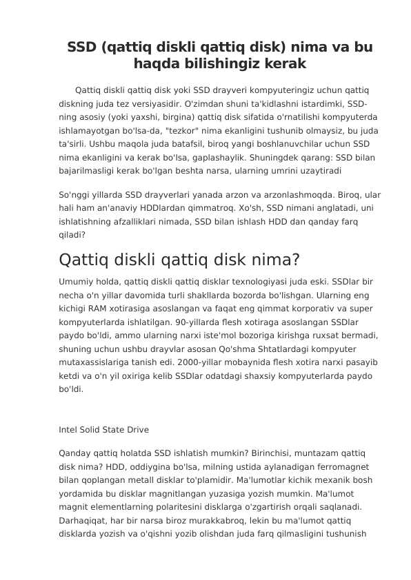 SSD (qattiq diskli qattiq disk) nima va bu haqda bilishingiz kerak