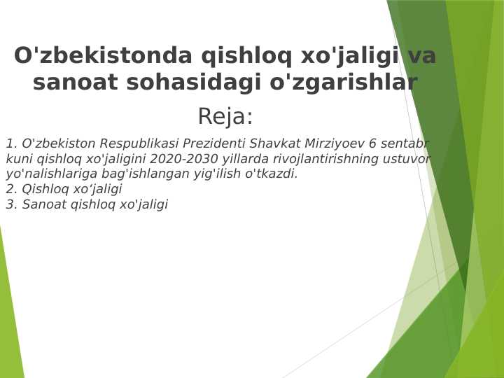 O'zbekistonda qishloq xo'jaligi va sanoat sohasidagi o'zgarishlar