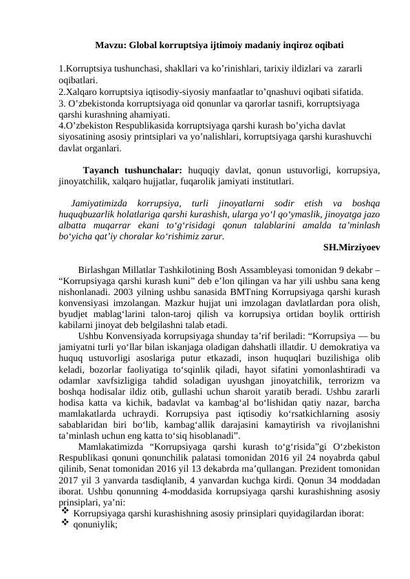 Global korruptsiya ijtimoiy madaniy inqiroz oqibati