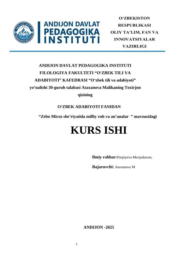 Zebo Mirzo she’riyatida milliy ruh va an’analar KURS ISHI