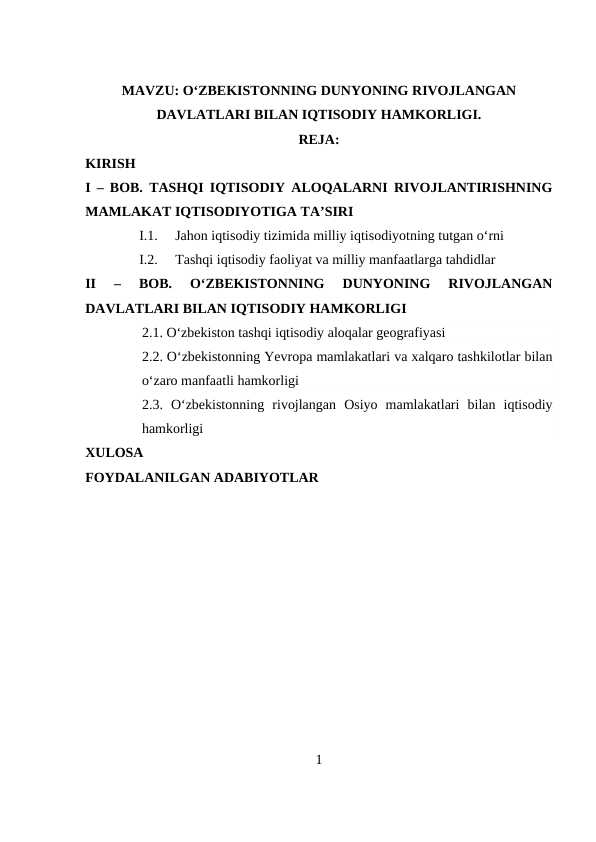 O‘ZBEKISTONNING DUNYONING RIVOJLANGAN DAVLATLARI BILAN IQTISODIY HAMKORLIGI