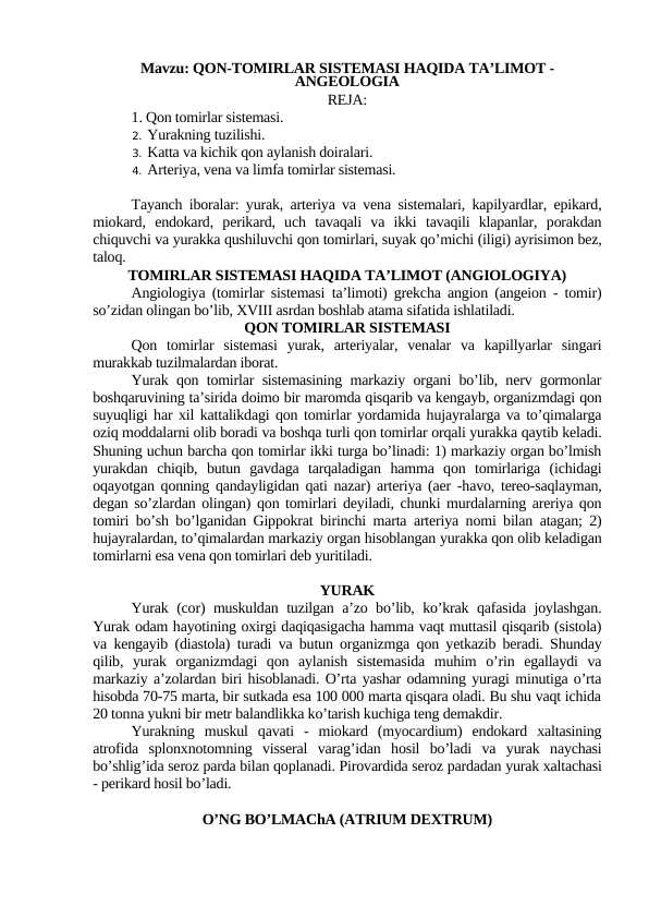 QON-TOMIRLAR SISTEMASI HAQIDA TA’LIMOT - ANGEOLOGIA