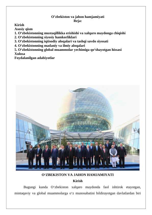 O`zbekiston va jahon hamjamiyati