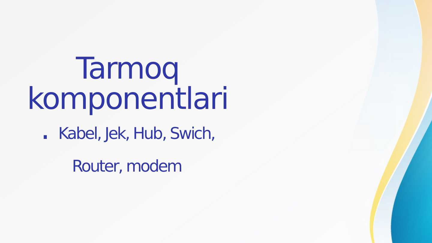Tarmoq komponentlari. Kabel, Jek, Hub, Swich, Router, modem