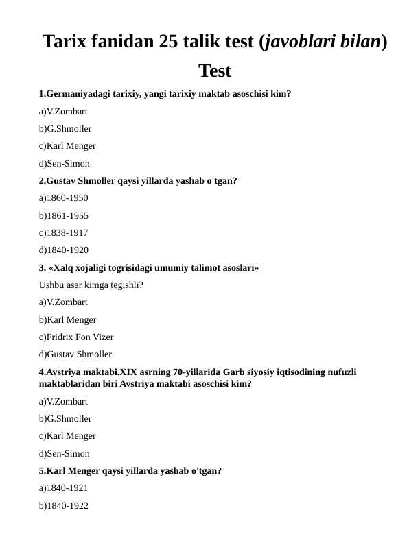 Tarix fanidan 25 talik test (javoblari bilan)
