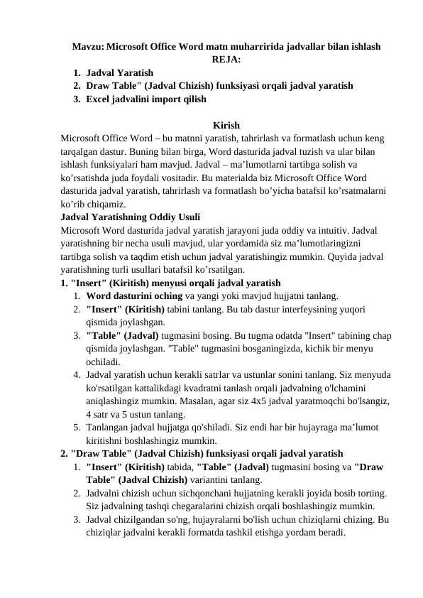 Microsoft Office Word matn muharririda jadvallar bilan ishlash