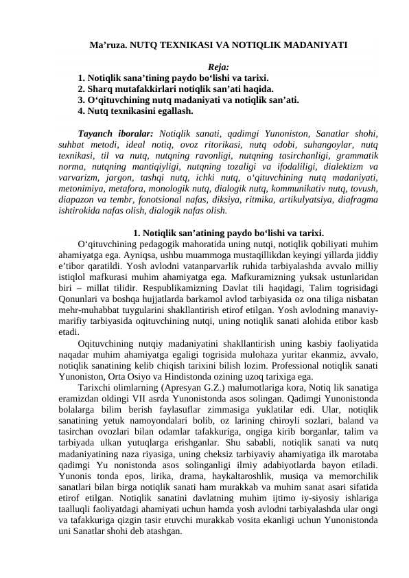 NUTQ TEXNIKASI VA NOTIQLIK MADANIYATI