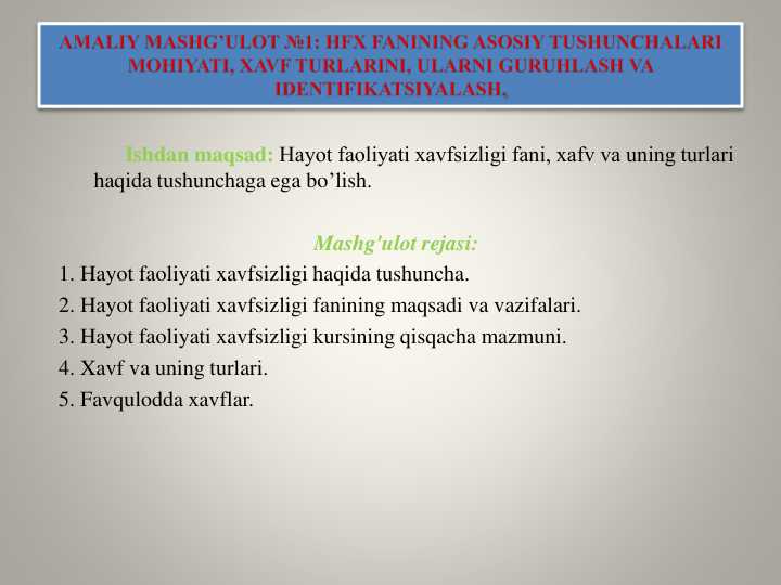 Hayot faoliyati xavfsizligi haqida tushuncha