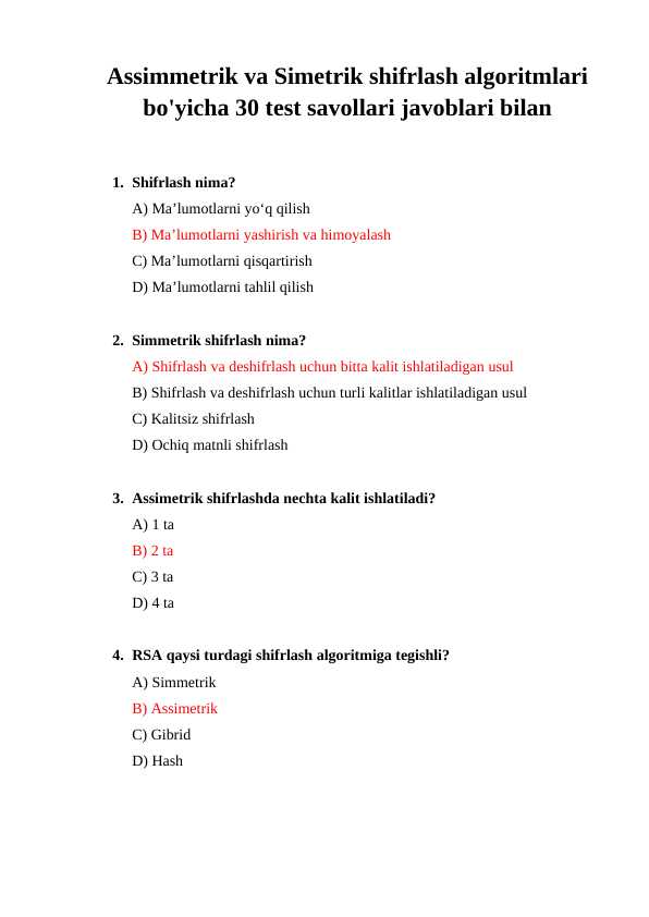 Assimmetrik va Simetrik shifrlash algoritmlari bo'yicha 30 test ...