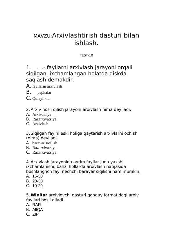 Arxivlashtirish dasturi bilan ishlash.