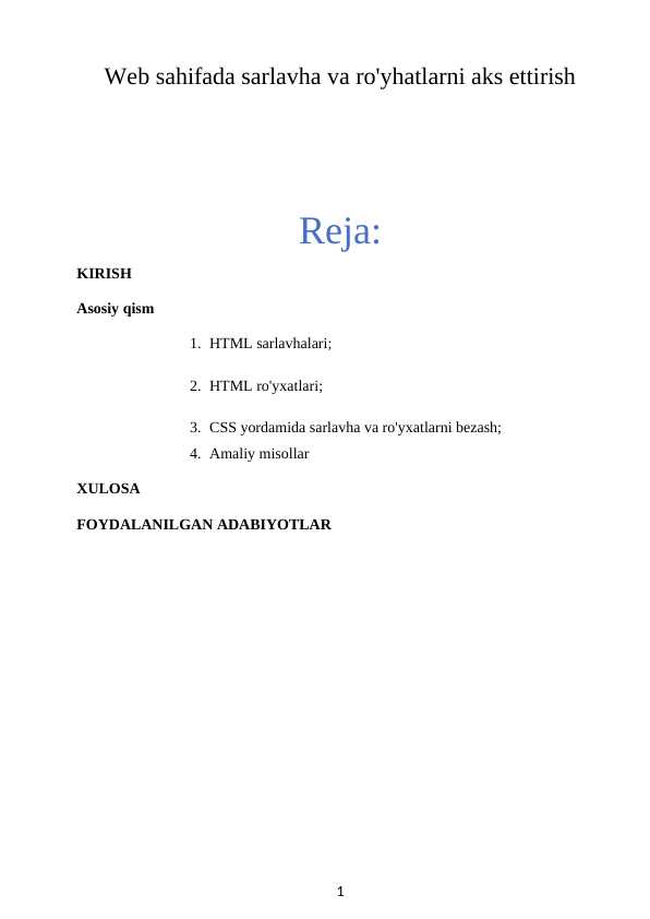 Web sahifada sarlavha va ro'yhatlarni aks ettirish