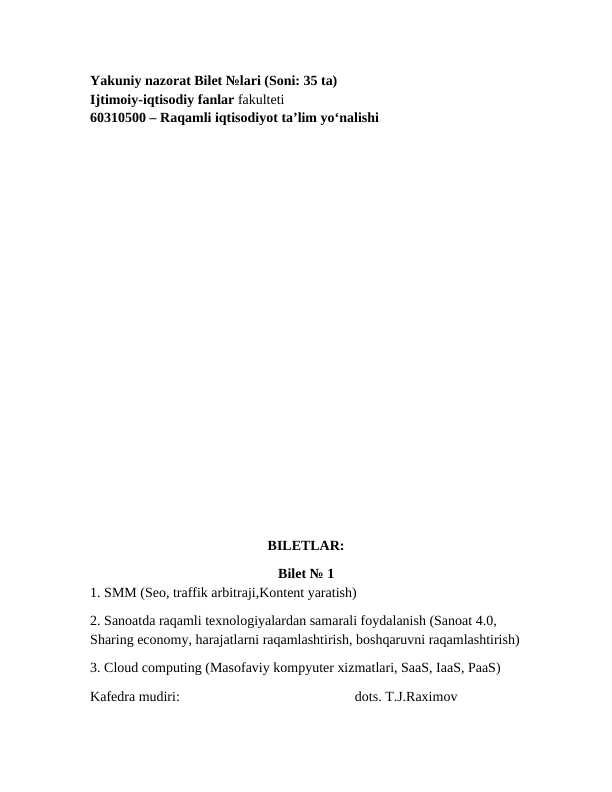 Raqamli iqtisodiyot yakuniy biletlari 2024-2025 urganch
