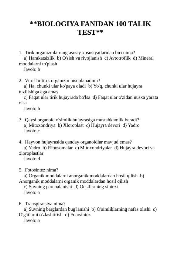 BIOLOGIYA FANIDAN 100TA TEST