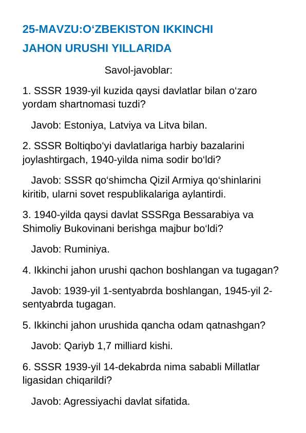 O'zbekiston tarixi mavzulashtirilgan savol va javoblar