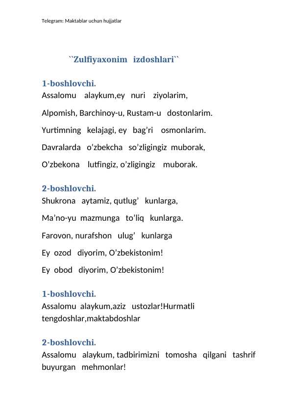 Zulfiyaxonim izdoshlari tadbir ssenariysi