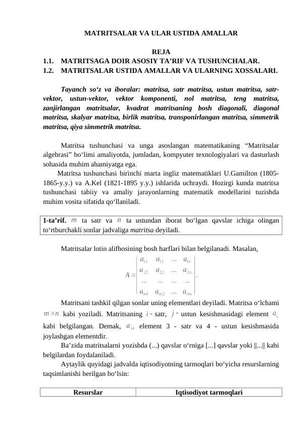 MATRITSALAR VA ULAR USTIDA AMALLAR