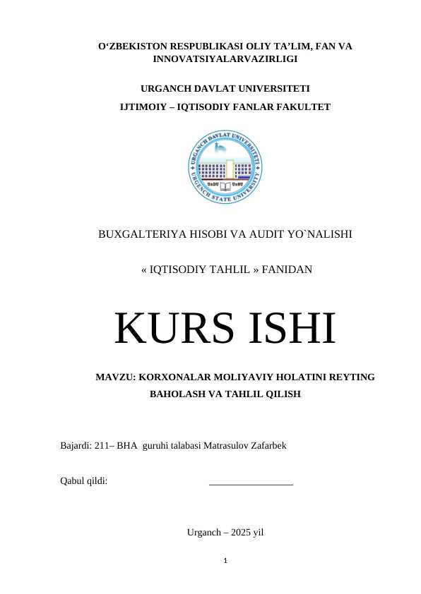 KORXONALAR MOLIYAVIY HOLATINI REYTING BAHOLASH VA TAHLIL QILISH