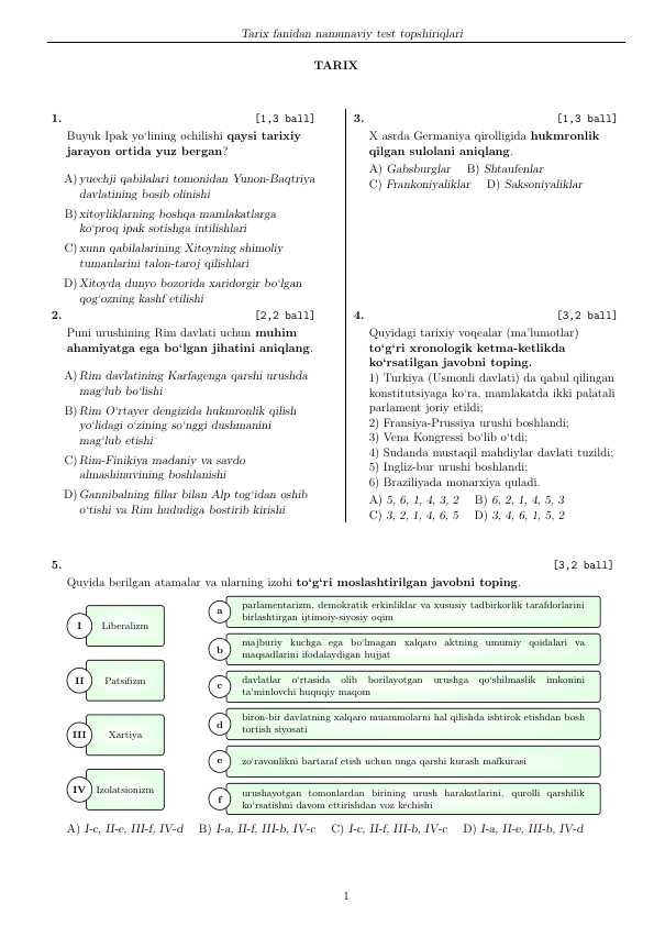 Tarix fanidan namunaviy test savollari