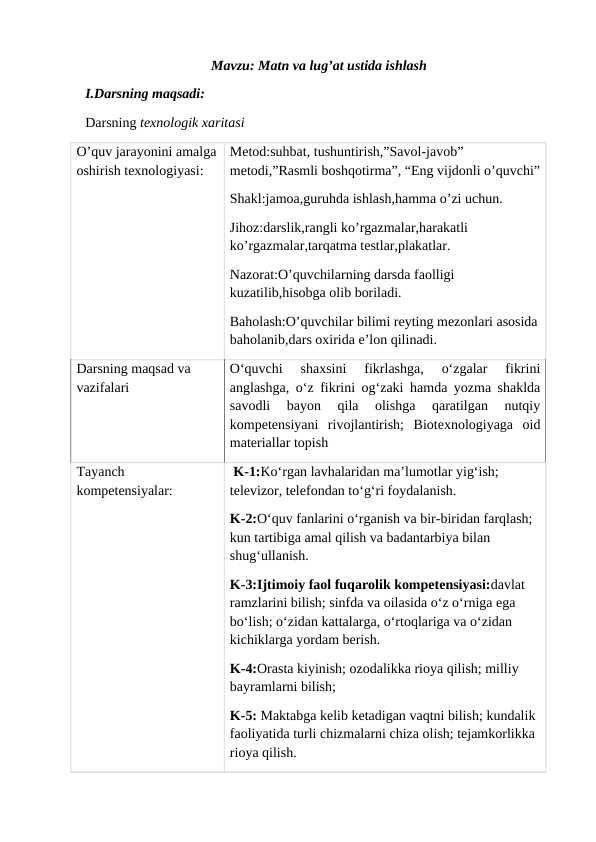 Matn va lug’at ustida ishlash 9-sinf