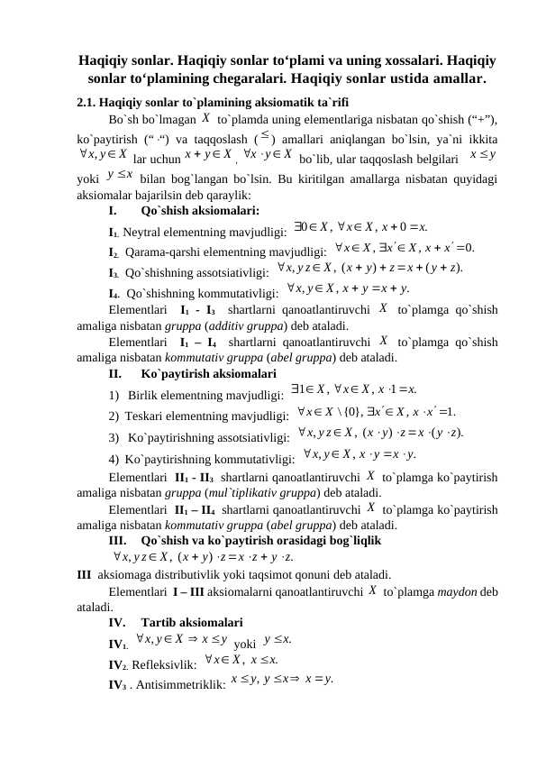 Haqiqiy sonlar. Haqiqiy sonlar to‘plami va uning xossalari. Haqiqiy ...