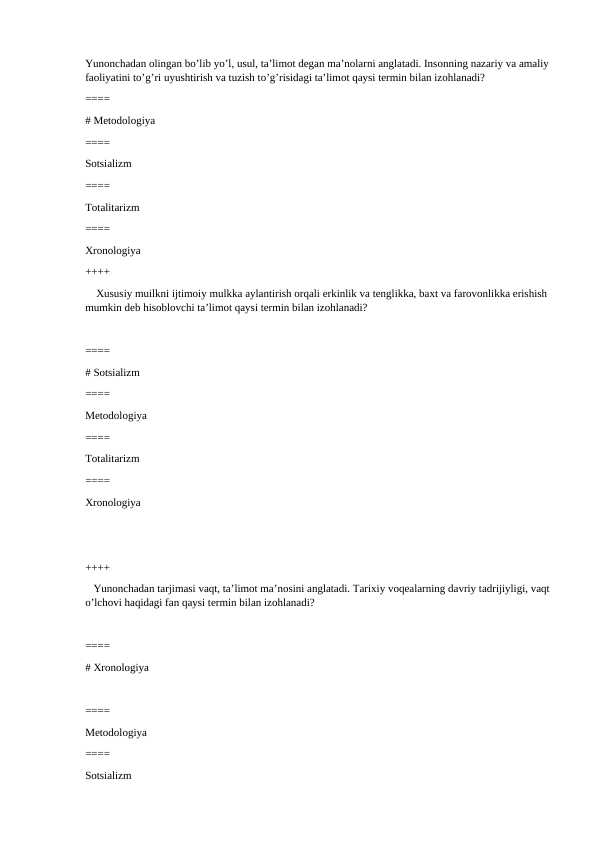 Tarix fanidan 100 ta test Javoblari bilan