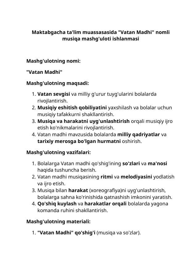 Vatan Madhi nomli MTT musiqa raxbarining mashg'ulot ishlanmasi