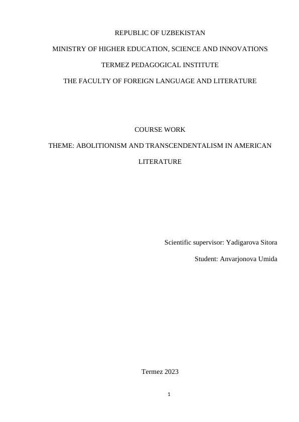 ABOLITIONISM AND TRANSCENDENTALISM IN AMERICAN LITERATURE