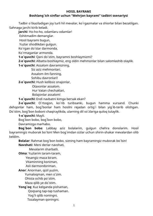 HOSIL BAYRAMI tadbir ssenariysi